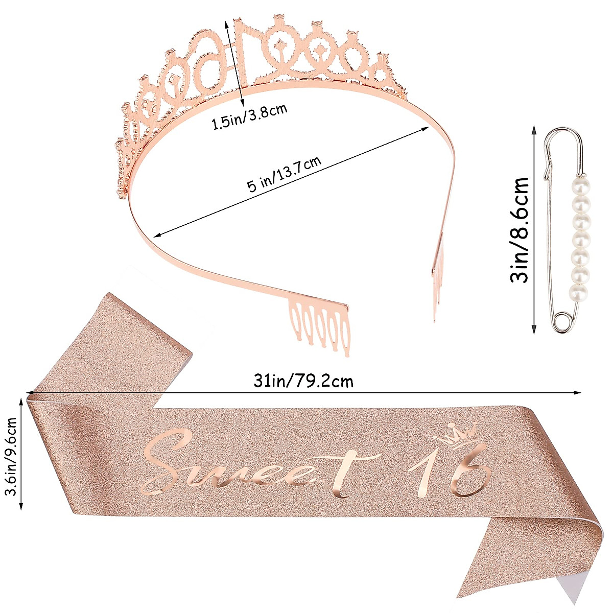 16th Birthday Crown and Sash Kit- "Sweet 16"Birthday Decorations 16th Birthday Party Gifts Birthday Party Supplies for Girls (rose gold)