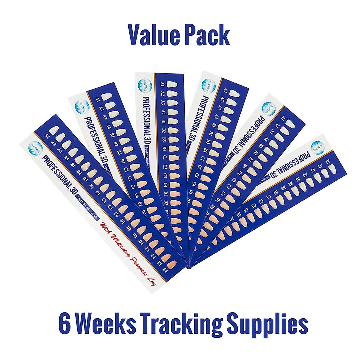 6 Pack Professional 3D Teeth Shade Guide with Whitening Daily Progress Log by Accu White (6 Pack, 6 Week Supplies)