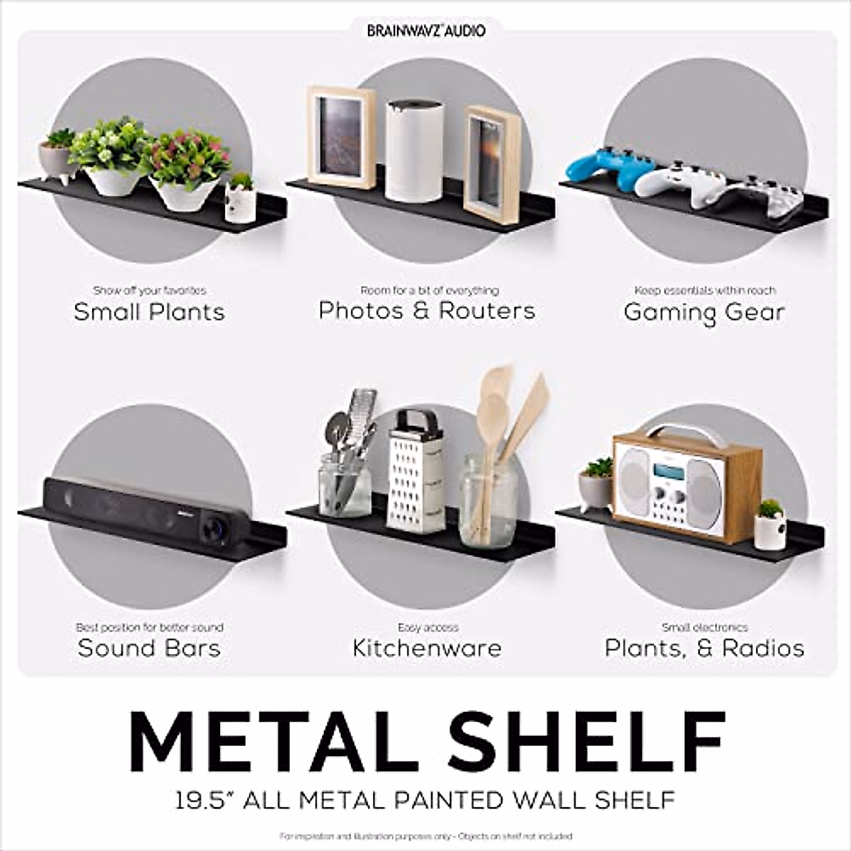 BRAINWAVZ 19.5" Floating Metal Wall Shelf for Books, Organizer, Speakers, Plants, Cameras, Books, Decor Display, Storage, Routers & More Wide Universal Holder Shelf (Black)