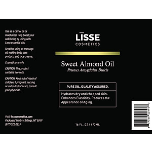 Lisse Cosmetic Grade - 100% Pure Sweet Almond Oil – Batch Tested and Third Party Verified – Unscented and Zero Additives