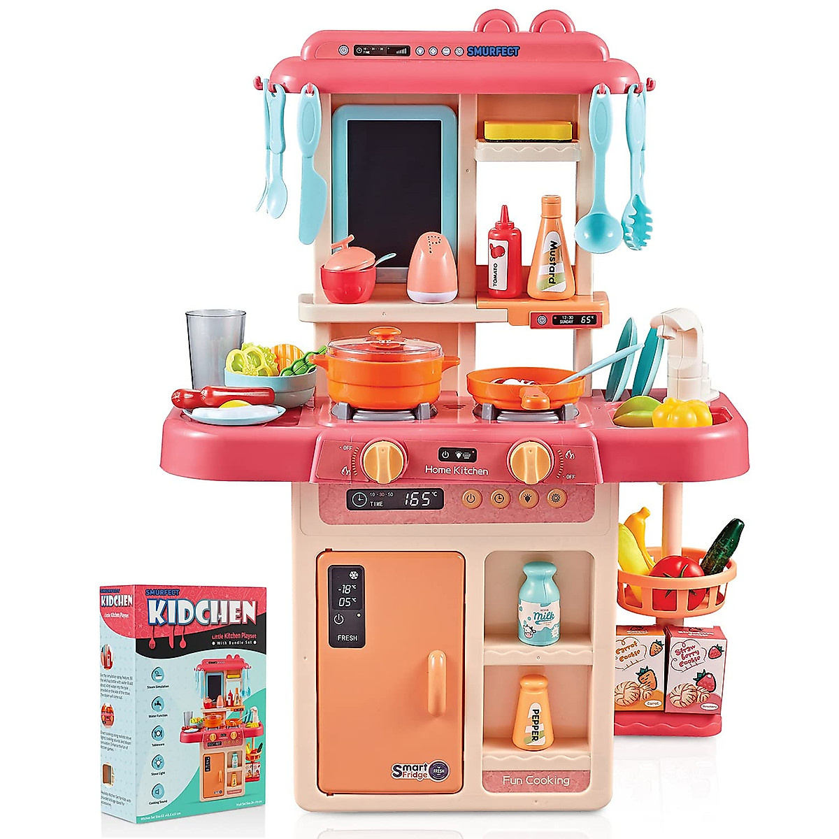 Surefect - Kitchen Play Set with Accessories- Mini Kitchen Set with Realistic Light Sound Steam Simulation- Indoor Games Cooking Playset with Water Outlet- Toys for Toddlers Children & Girls