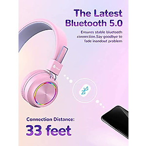 iClever BTH03 Kids Bluetooth Headphones Safe Volume, Colorful LED Lights, 25H Playtime, Stereo Sound Mic, Bluetooth 5.0, Foldable, On Ear Kids Wireless Headphones for Tablet Airplane (Pink)