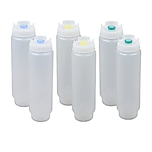 FIFO Squeeze Bottle Refillable 16 oz | 2 Green 2 Yellow 2 Blue Tip Small Valve Dispenser for Thin Condiments, Sauces, Batter and Dressing | Self Sealing No Drip No Hassle | Variety Pack ( 6 Pack )