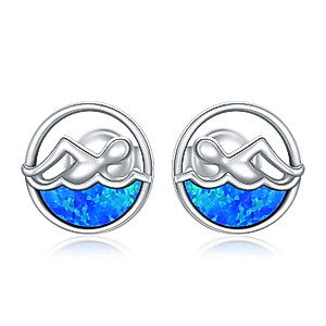 YAFEINI Opal Earrings Sterling Silver Swimming Stud Earrings Swim Jewelry for Women Swimmers