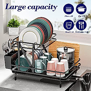 TOOLF 2 Tier Dish Drying Rack, Dish Rack for Kitchen Counter, Free Assembly Foldable Drainboard and Drainer with Wooden Utensil Holder for Kitchen Sink, Black
