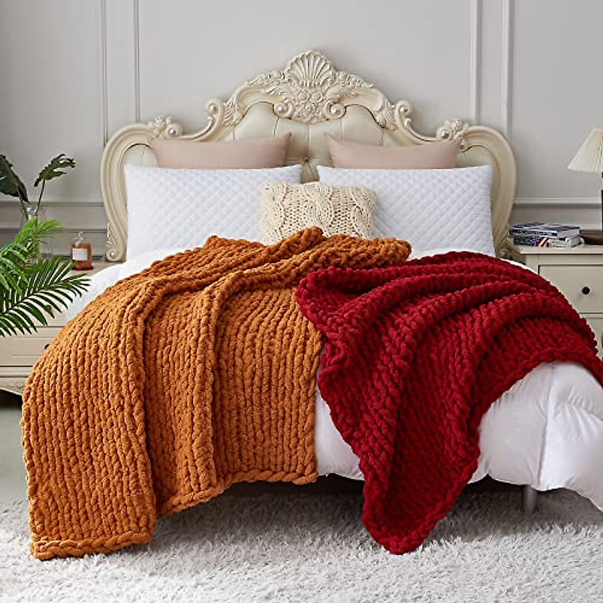 Longhui bedding Handmade Chunky Knit Blankets, Luxurious Chenille Cable Knit Throw Blanket Yarn for Couch Sofa and Bed, Ultra Soft Decorative Burnt Orange Christmas Blanket, Machine Washable 51 x 63