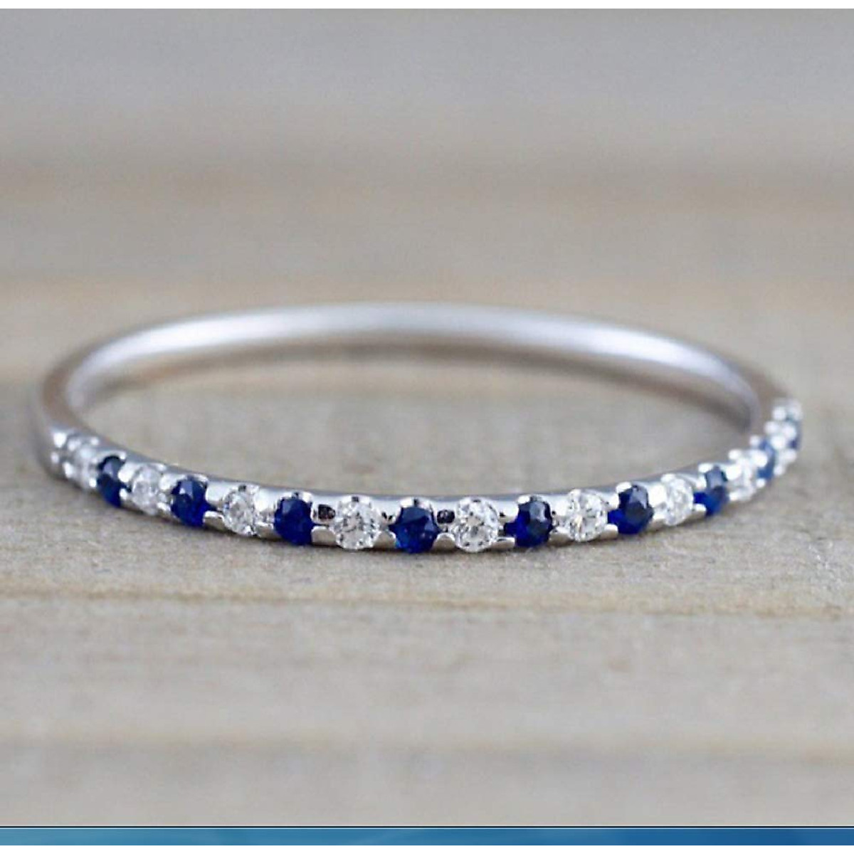 Yaya Women's 2mm 925Silver Blue Sapphire and White CZ Wedding Band Cubic Zirconia Half Eternity Stackable Engagement Anniversary Birthstone Ring Size 6 7 8 9 10 (8 US Code)