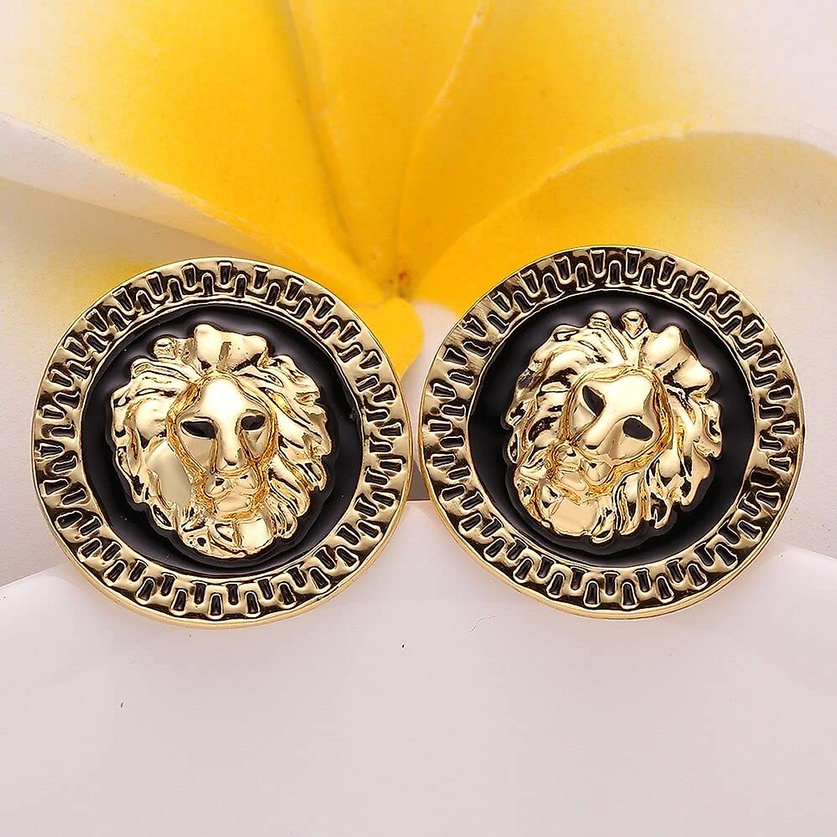 Yellow Gold Plated Black Round Earrings Stud Push Back Lion 1" L319