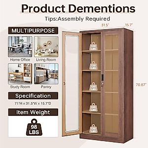 AFAIF 71" Tall Metal Storage Cabinet with Glass Door & 4 Adjustable Shelves, Freestanding Bookshelf for Home Office, Living Room, Pantry