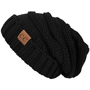 Funky Junque Trendy Warm Oversized Chunky Soft Oversized Cable Knit Slouchy Beanie (Black)