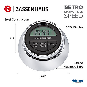 Zassenhaus Magnetic Retro Digital Kitchen Timer, 2.75-Inch, Silver