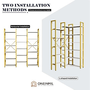 oneinmil Triple Wide 6-Shelf Bookcase Industrial Vintage Wood Style Large Open Bookshelves for Home&Office, Rustic Brown (6 Tier, White/Gold)