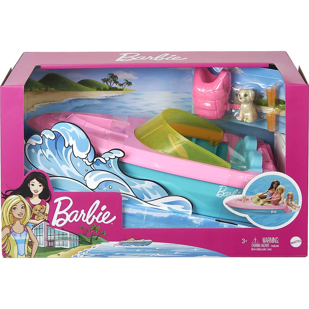 Barbie Toy Boat with Pet Puppy, Life Vest & Beverage Accessories, Fits 3 Dolls & Floats in Water