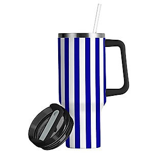 Flradish 40oz Tumbler with Handle, Navy Blue White Stripes Stainless Steel Tumbler with Lid and Straws Double Wall Vacuum Insulated Leakproof Coffee Travel Mug