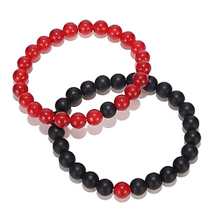 OUGWA Black Matte & Red Agate Stone His and Hers Bracelets 8mm Sandstone Couple Bracelet