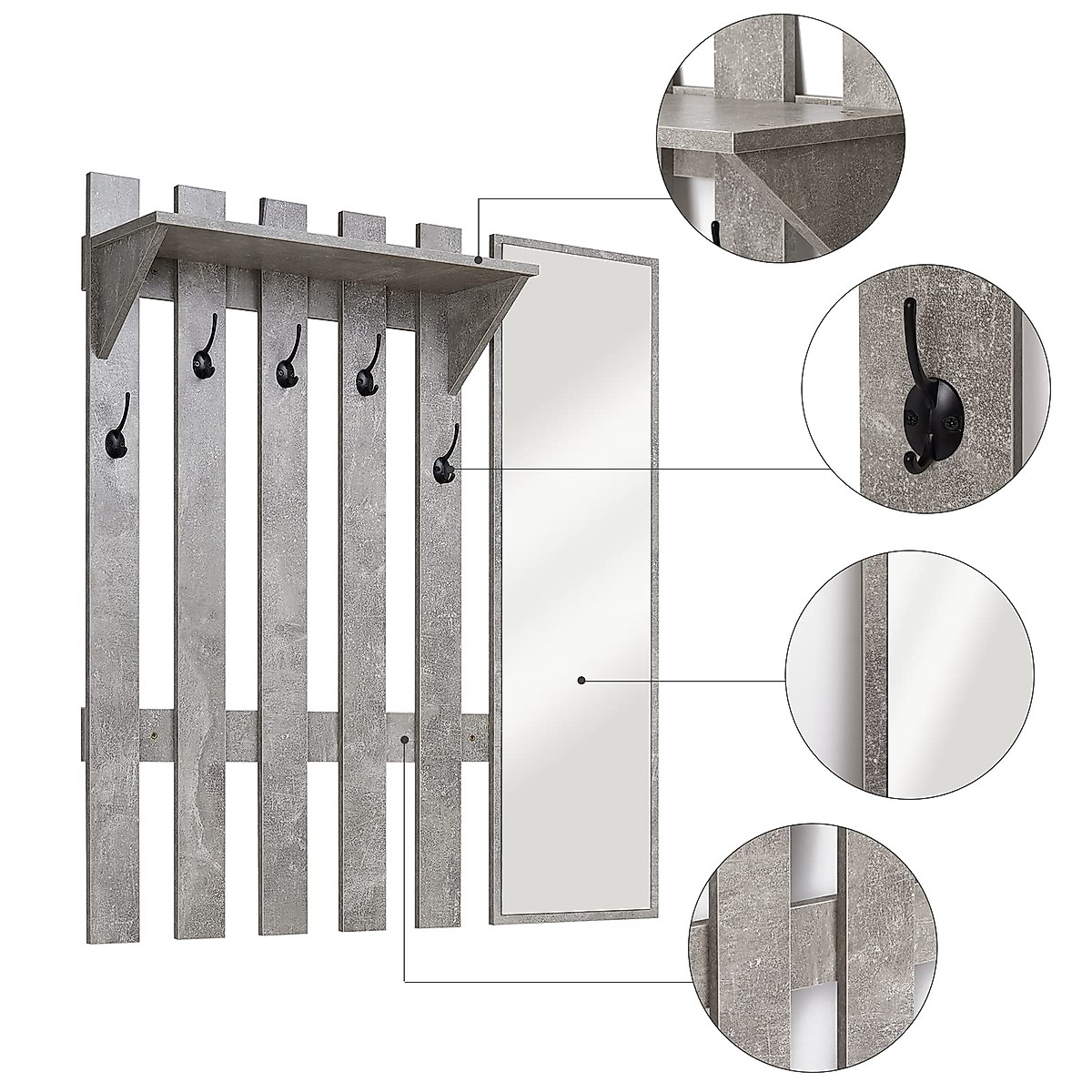 39.4" Coat Rack Wall Mount with Mirror, Wall Shelf with 5 Hooks and Storage for Hallway Entryway Modern (Grey)