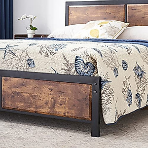 VECELO Queen Platform Bed Frame/Mattress Foundation with Rustic Vintage Wood Headboard, Strong Metal Slats Support, No Box Spring Needed