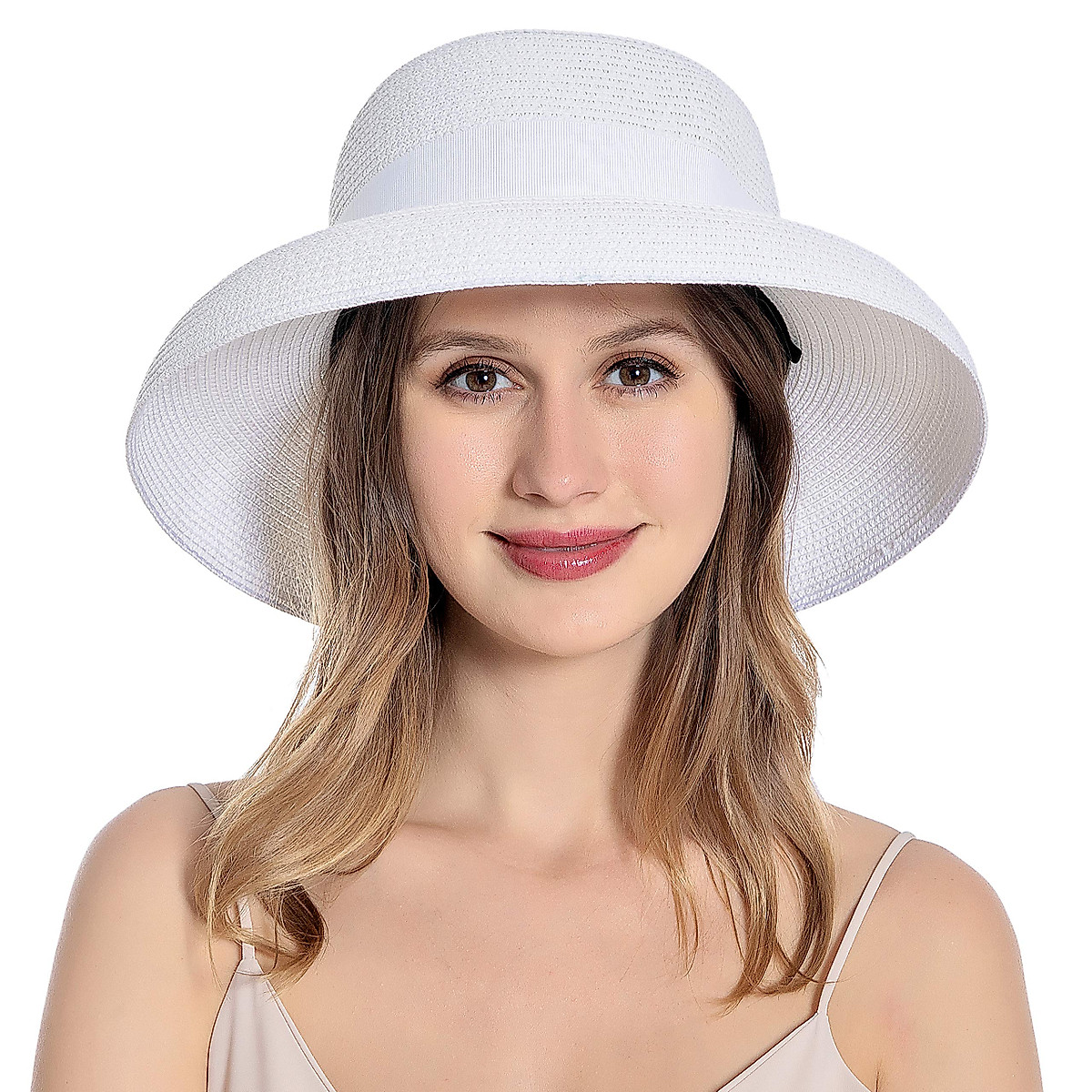 Muryobao Womens Sun Straw Hat Summer UV Protection Travel Foldable Wide Brim Bucket Hat Vintage Cloche Beach Fishing Cap UPF 50+ White
