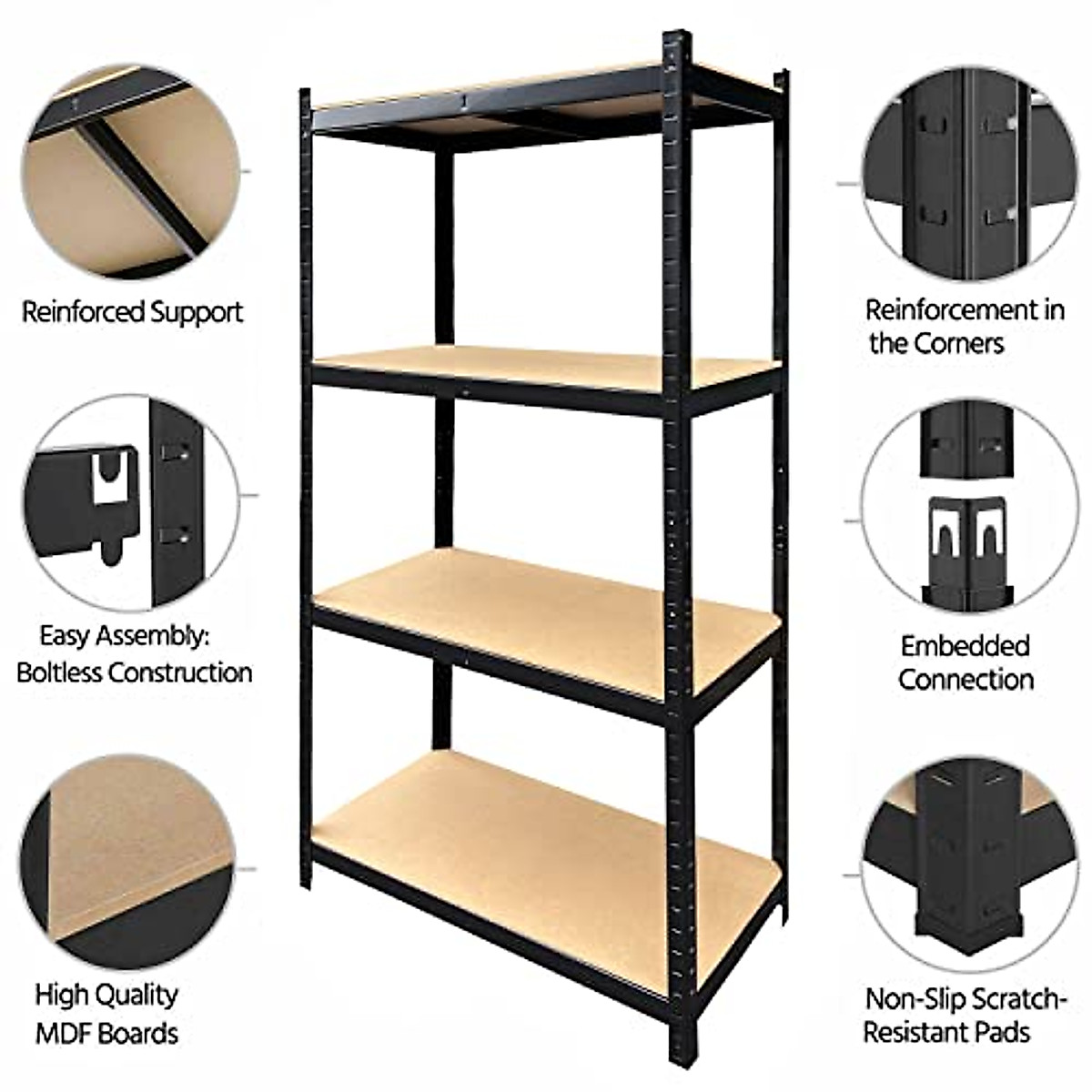 4 Tier Shelving Unit Storage Units Heavy Duty Metal Shelves for Warehouse/Garage/Shed/Workshop/Commercial/Industrial/Kitchen, 1411LB Capacity(353LB per Shelf), 63" H x 31" W x 16" D Black