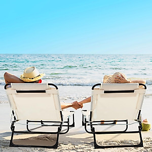 Suzile 2 Pack Folding Chaise Lounge Chairs Outdoor Adjustable Beach Tanning Chair with 5 Position Reclining Back Detachable Pillow Breathable Mesh Sun Lounger for Beach Pool Yard Camping(Beige)