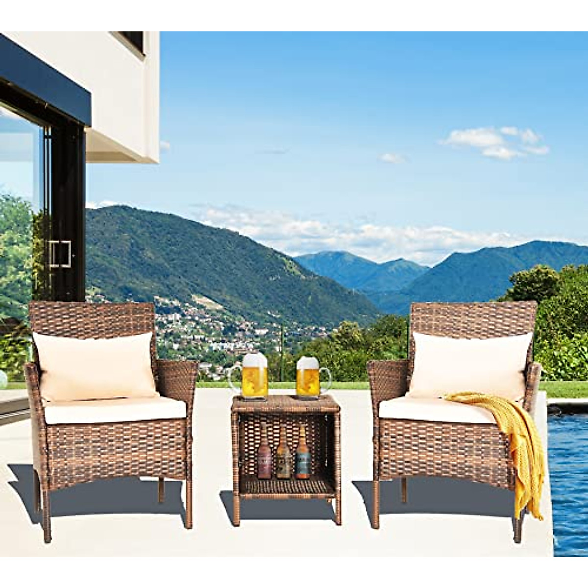 Tappio 3 Pieces Patio Furniture Set Outdoor Bistro Sets All Weather Patio Conversation Sets PE Rattan Wicker Chairs with Cushions and Pillows Beige