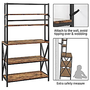 Yaheetech Kitchen Bakers Rack with Storage, 5-Tier Microwave Oven Stand Shelf Coffee Bar, Freestanding Utility Kitchen Storage Rack with X Designed Metal Support, 35.5 x 16 x 65 inches, Rustic Brown