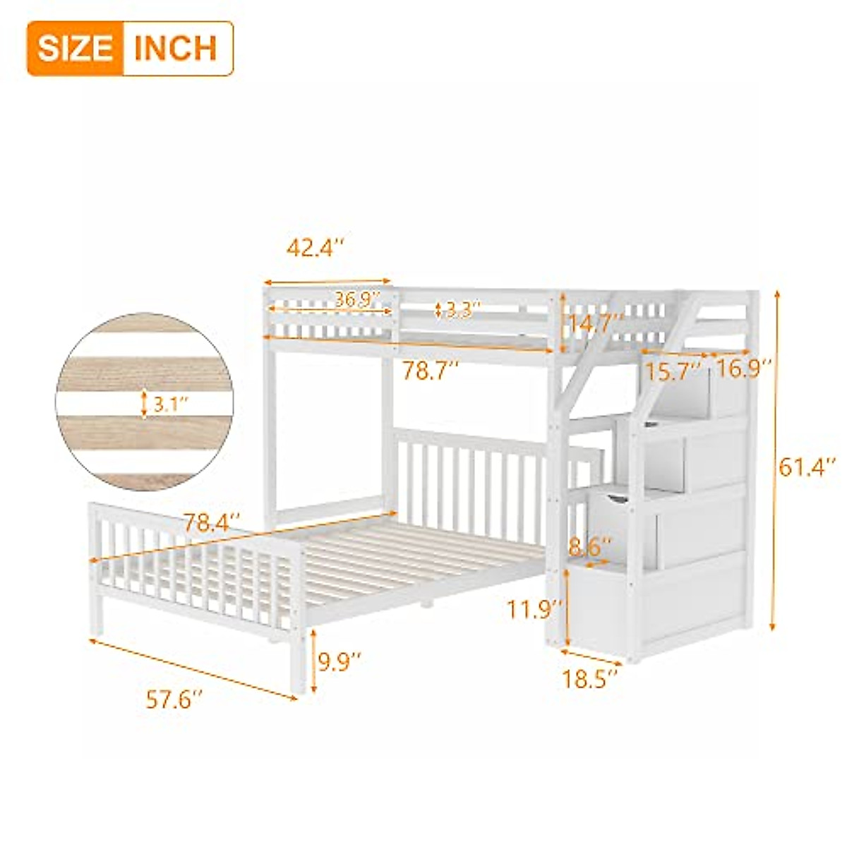 DEYOBED Twin Over Full Wooden Bunk Bed and Convertible Loft Bed with Storage Staircases - Ideal for Kids and Teens, Maximizing Space and Comfort