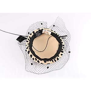 F FADVES 100% Australian Wool Pillbox Hat Black Veil Fedora Lepoard Print Fascinator