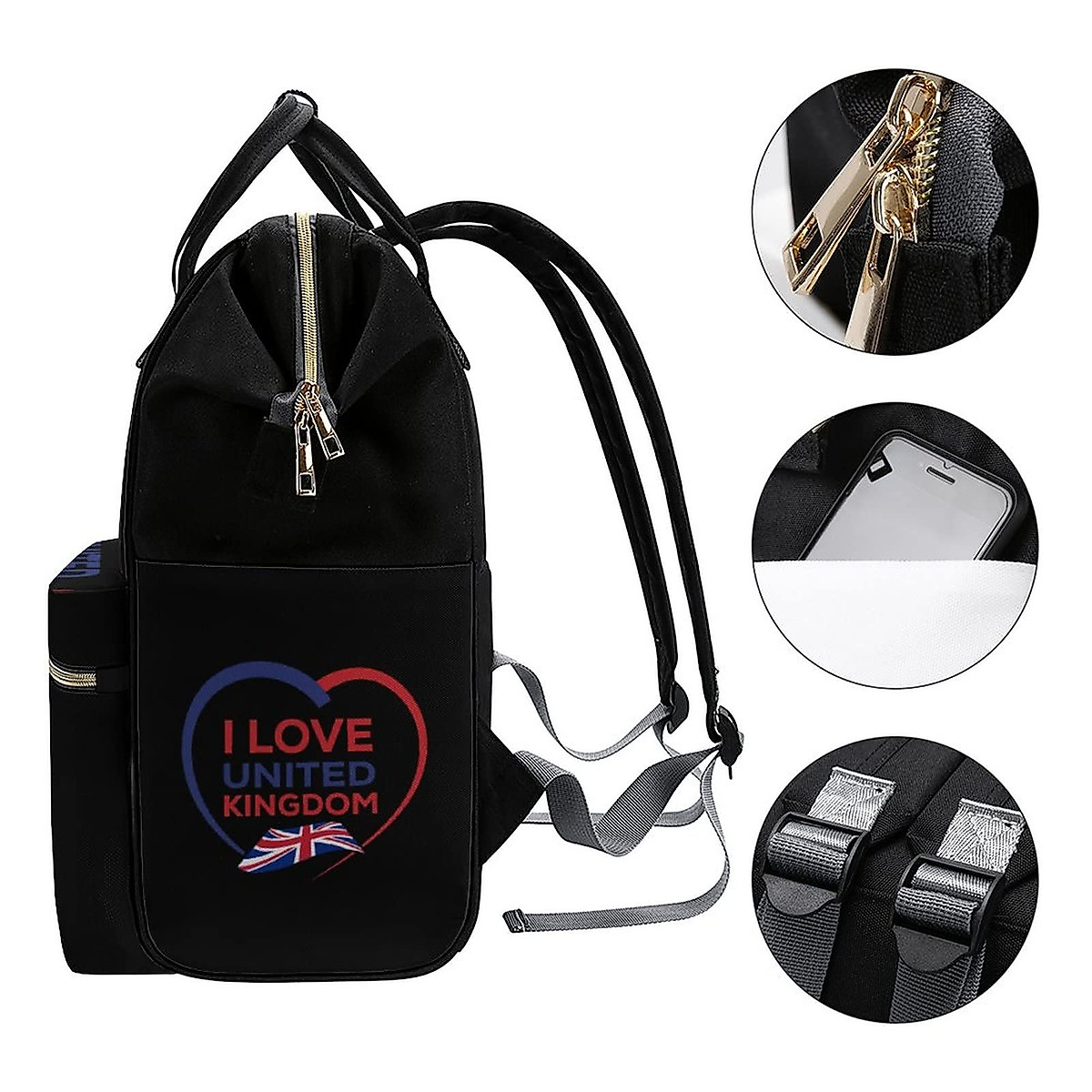 I Love United Kingdom Diaper Bag Backpack Large Capacity Mommy Bags Multifunction Nappy Bag Travel Back Pack Black-Style