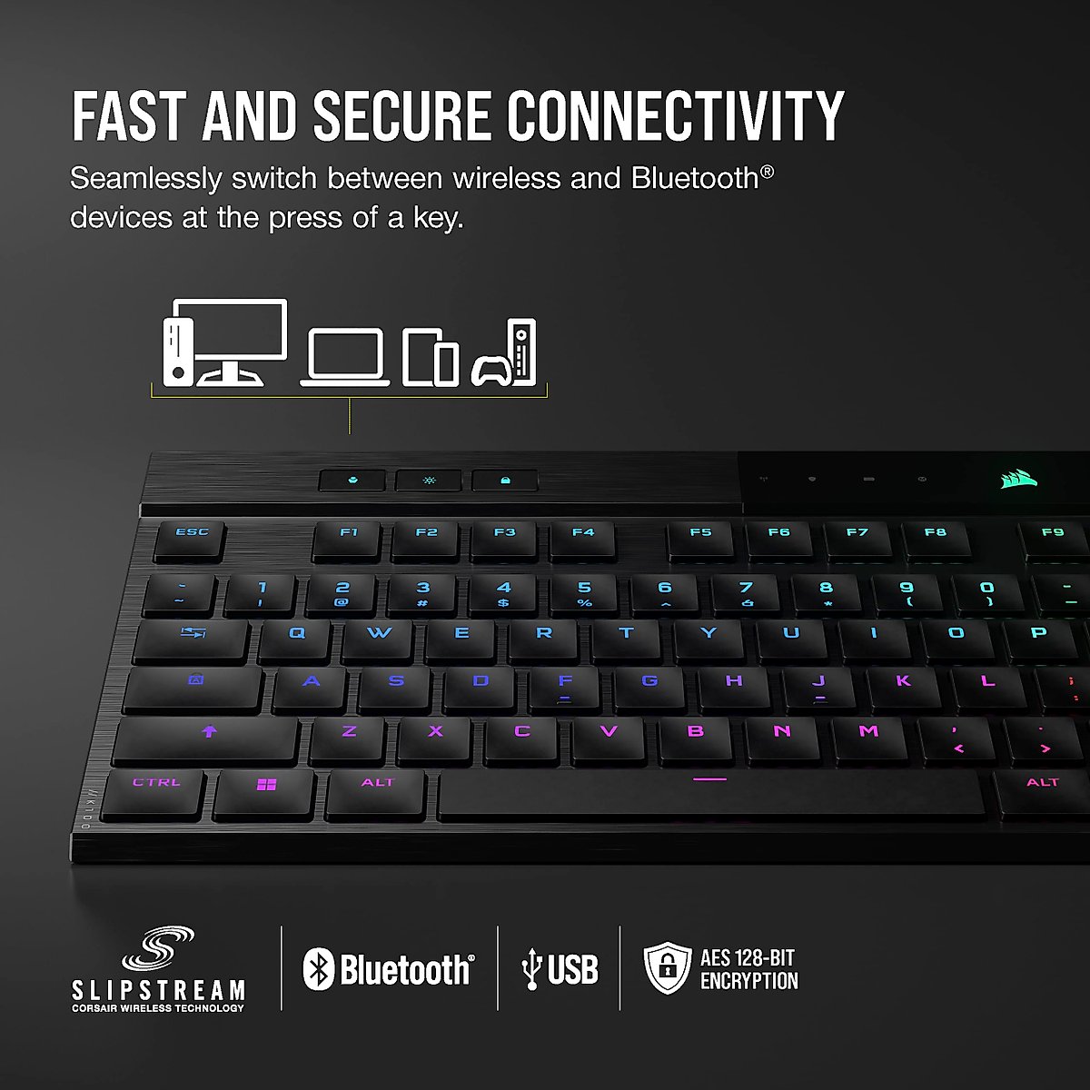 Corsair K100 AIR Wireless RGB Mechanical Gaming Keyboard - Ultra-Thin, Sub-1ms Slipstream , Low-Latency Bluetooth, Cherry MX Ultra Low Profile Keyswitches - NA Layout, QWERTY - Black