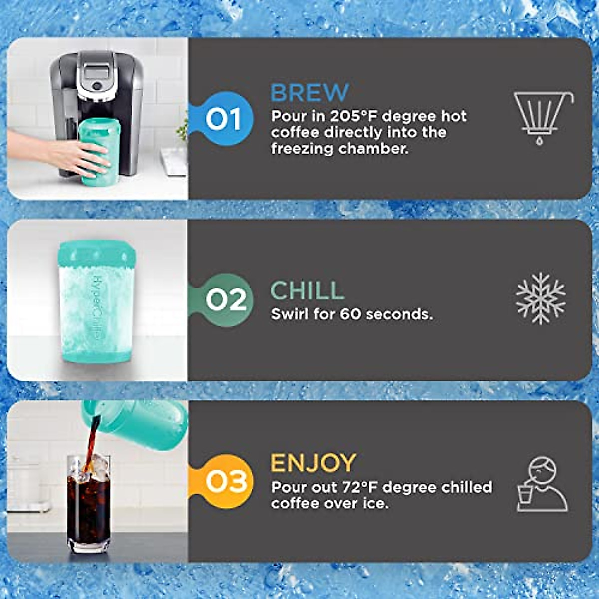 HyperChiller HC2AS Patented Iced Coffee/Beverage Cooler, NEW, IMPROVED,STRONGER AND MORE DURABLE! Ready in One Minute, Reusable for Iced Tea, Wine, Spirits, Alcohol, Juice, 12.5 Oz, Aqua Sky
