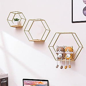 ZRSWV Gold Decorative Geometric Hexagon Floating Shelf Multi-use Metal Wire Wall Display Shelves Hanging Wall Decor for Bedroom Living Room Kitchen Office, Set of 3 6.7in 9.4in 11in