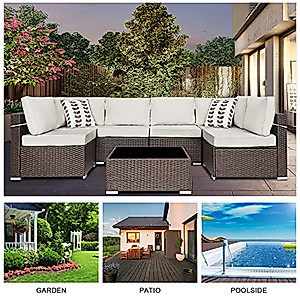 SUNVIVI OUTDOOR 3 Piece Patio Furniture Set All Weather Brown Wicker Outdoor Patio Sectional Sofa Couch with Beige Cushions, 2 Single Chairs, 1 Table with a Tempered Glass Top