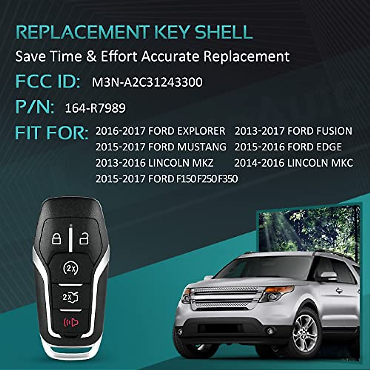 Key Fob Fit for Ford F150 Fusion Mustang Explorer Edge F250 F350 Lincoln MKZ MKC Replacement Keyless Entry Remote Control Smart Key Fob Shell Case with 5 Buttons