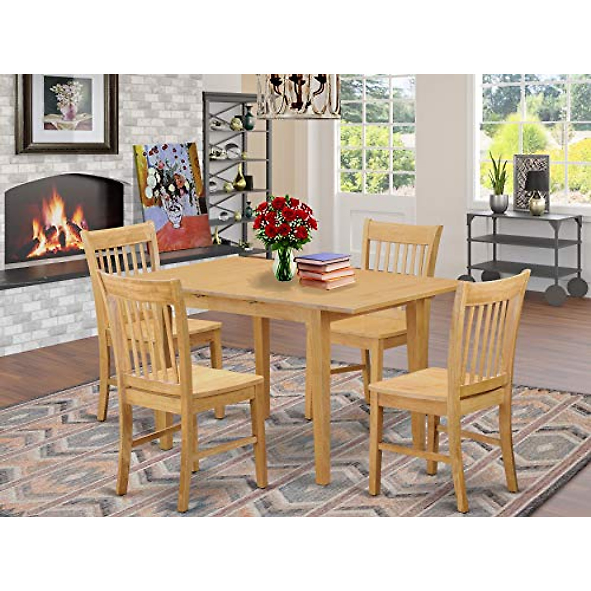 East West Furniture NOFK5-OAK-W Norfolk 5 Piece Set for 4 Includes a Rectangle Kitchen Table with Butterfly Leaf and 4 Dining Room Chairs, 32x54 Inch, Oak