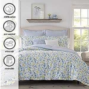 Laura Ashley Comforter Set Reversible Cotton Bedding, Includes Matching Shams with Bonus Euro Shams & Throw Pillows, King, Nora Blue/Yellow/Green/White