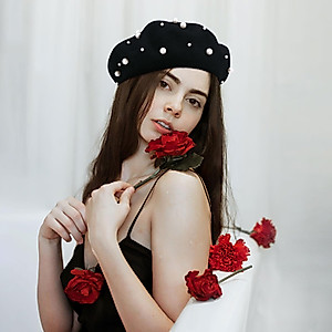 Pearl Autumn Winter Cashmere Beret Starry Beaded Pearl Rivet Wool Beret (Black)