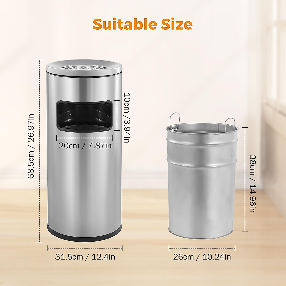 BEAMNOVA Outdoor Trash Can with Lid Stainless Steel Commercial Garbage Enclosure Yard Garage Inside Barrel Industrial Garbage Can Heavy Duty Waste Container, 12.4 * 27 in /31.5 * 68.5cm