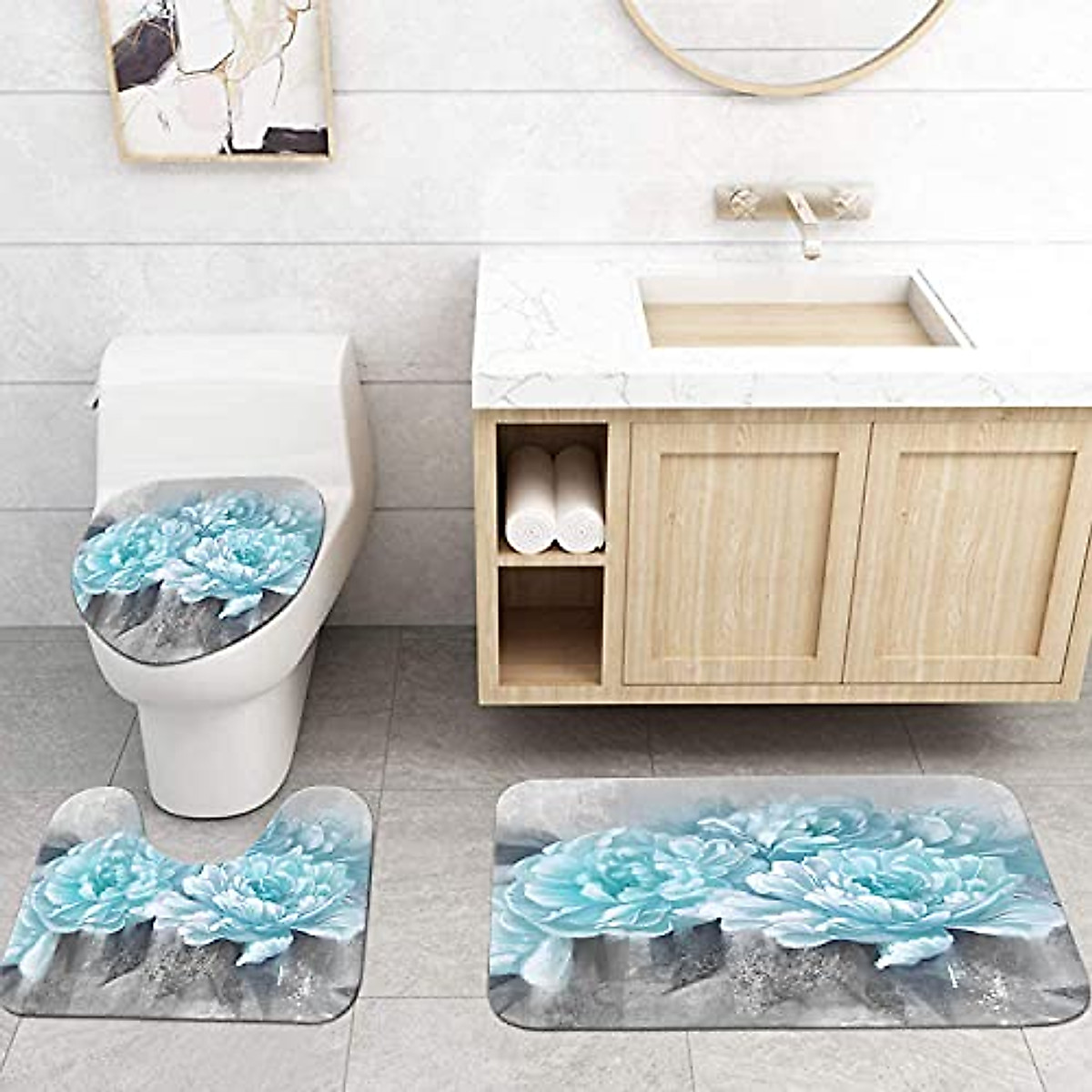 DuoBaorom 4 Pieces Set Teal Blue Flower Shower Curtain Set Elegant Floral Picture Print on Non-Slip Rugs Toilet Lid Cover Bath Mat and Bathroom Curtain with 12 Hooks 72x72inch