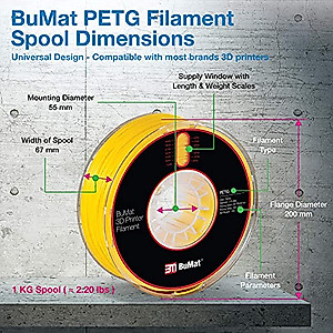 BUMAT PETG 3D Printer Filament, 1.75mm (Yellow), 1kg Spool (2.2lbs), Guaranteed Fresh, Dimensional Accuracy +/- 0.02mm, Tangle-Free, Fits Most FDM Printers [Risk-Free]