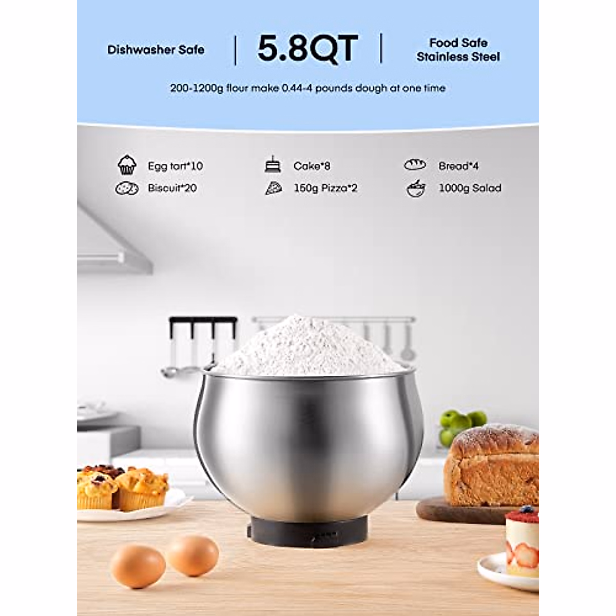 Stand Mixer FOHERE, 6-Speed Stainless Steel Mixer with Dough Hook, Mixing Beater, Wire Whip, Dishwasher-safe, Tilt-Head Kitchen Dough Mixers for Cake, 5.8 QT Electric Home Cooking Kitchen Mixer