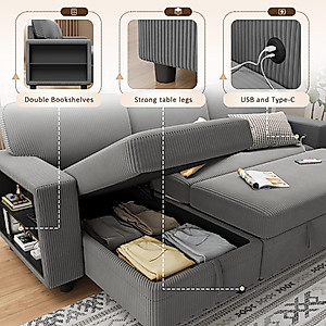 Flamaker 80" Sleeper Sofa, Sofa Bed with Built-in Large Storage and 2 Bookshelves, Convertible Sectional Sofa Couch, Pull Out Couch with USB, Modern Couches for Living Room (Corduroy, Light Grey)