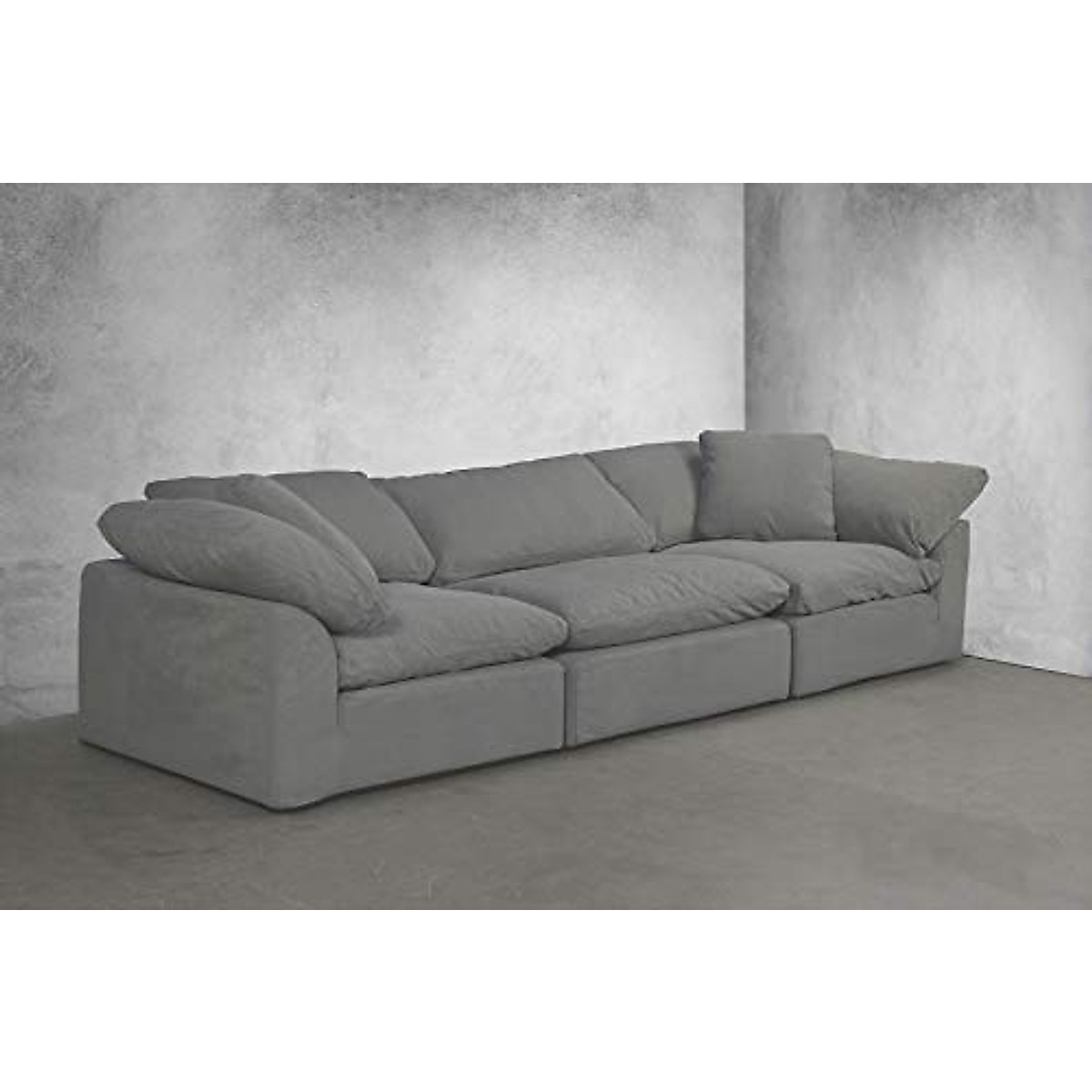 Sunset Trading Cloud Puff 3 Piece Performance Gray Grey 1` Slipcovered Modular Sectional Sofa, 132" Deep-Seating Down-Filled Couch