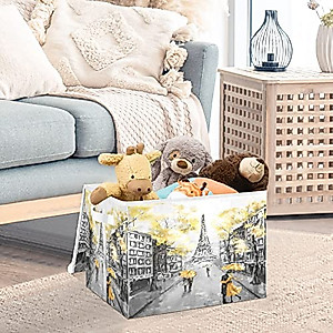 Krafig Modern Art Eiffel Tower Yellow Foldable Storage Box Large Cube Organizer Bins Containers Baskets with Lids Handles for Closet Organization, Shelves, Clothes, Toys