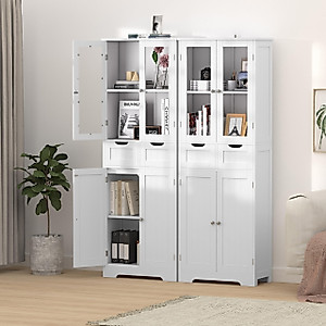67" Tall White Bathroom Cabinet Bathroom Cabinet Storage Cabinet, Freestanding Storage Cabinet With Glass Door and Adjustable Shelves, Linen Bathroom Cabinet for Living Room, Kitchen, Dining, White
