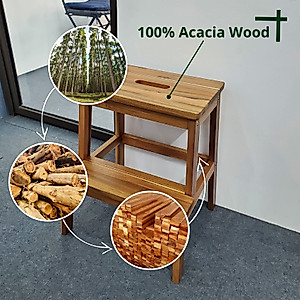 Solid Wooden Utility Step Stool for Adult,Sturdy Acacia Wood 2 Steps Ladder Bedside Step Helper for Kitchen,Bathroom,Bedroom,350lb Load Capacity (Natural)