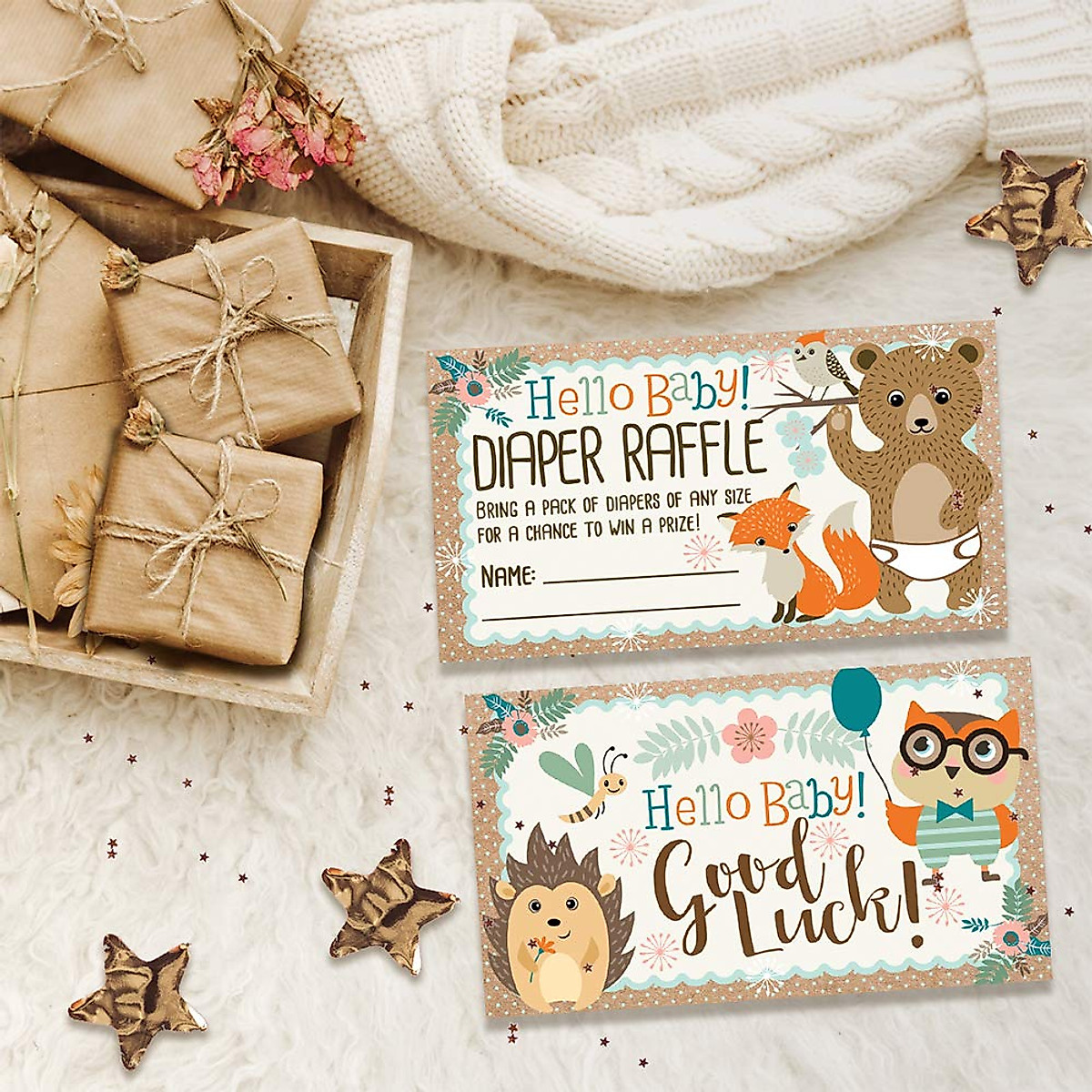 Diaper Raffle Tickets - Woodland Animals Card, Cute Fun Animals and Colorful Baby Shower Games Raffle Sign and Ticket, Gender Neutral, Baby Party Decorations, Set of 50 Double Sided Raffle Cards