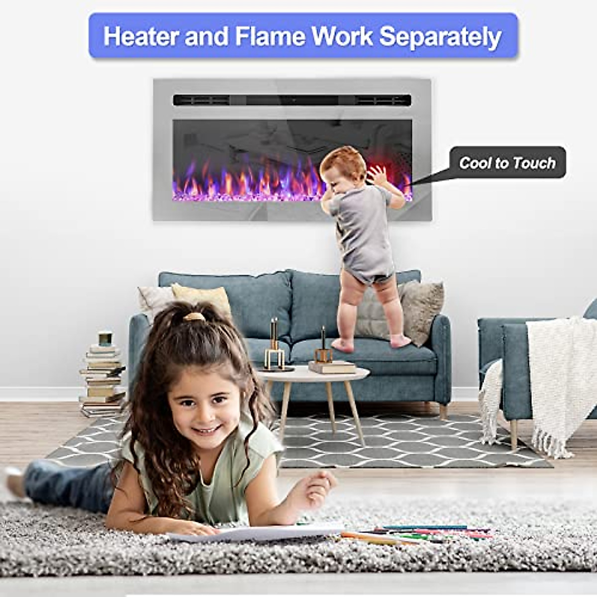 TUAN 31 Inch Electric Fireplace, Recessed and Wall Mounted Fireplace, Fireplace Heater and Linear Fireplace with Timer, Touch Panel and Remote Control, Adjustable 12 Flame Color, 750/1500W