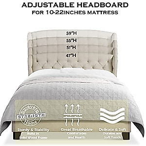 Rosevera Benicia Bed Frame,Platform Bed Frame with Signature Design Adjustable Headboard,Fabric Upholstered with Button Tufted Bed for Bedroom,Wood Slat Support,Eesy Assembly,Queen,Natural