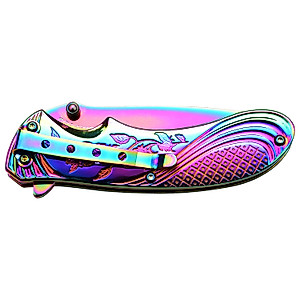 FEMME FATALE – Spring Assisted Open Folding Pocket Knife – Rainbow TiNite Coated Stainless Steel Blade and Handle w/Stamped Rose Design and Pocket Clip, EDC, Self Defense – FF-A008RB